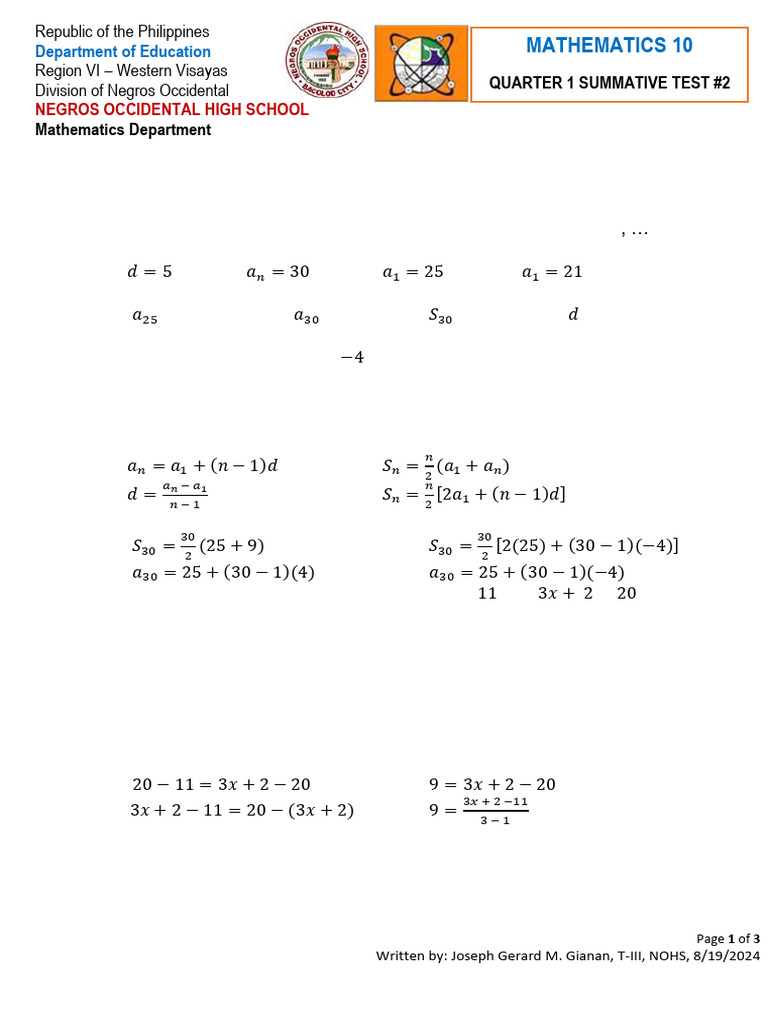 Mathematics 10: Negros Occidental High School | PDF