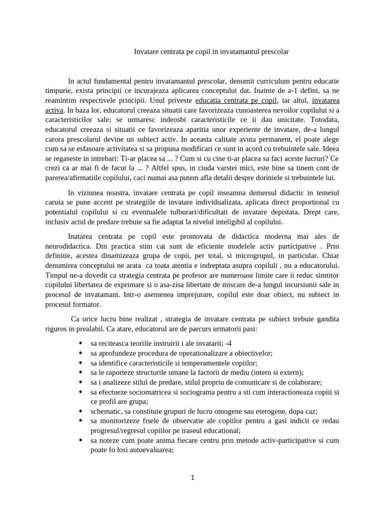 Invatare Centrata Pe Copil in Invatamantul Prescolar | PDF