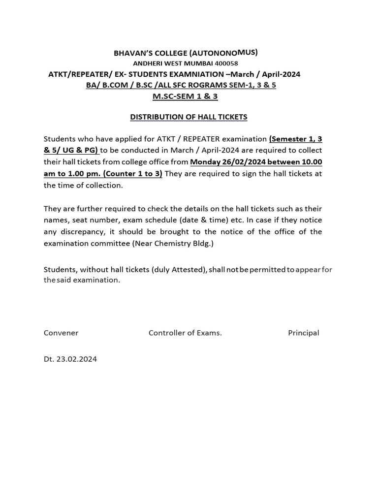 Atkt March - April 2024 Hall Ticket Distribution Notice | PDF