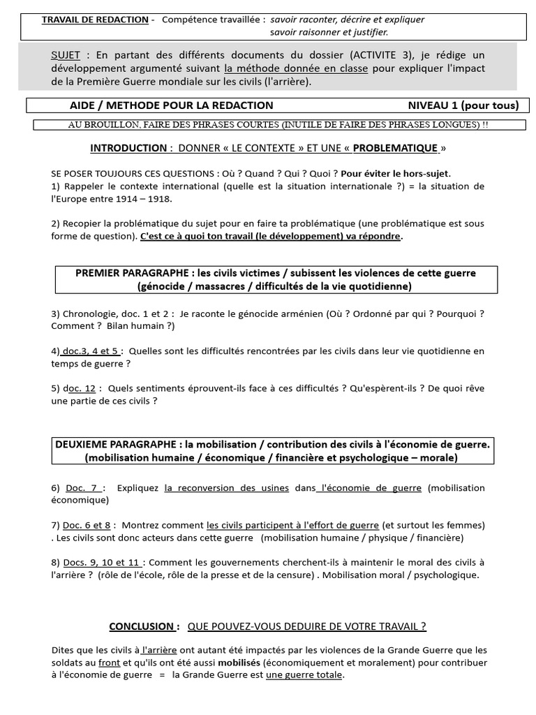 H1. Consignes Rédaction Civils Dans La Grande Guerre Totale - 3e (2e ...