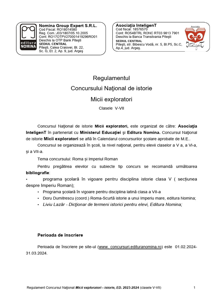 Regulament Concursul National Micii Exploratori Istorie 2023 2024 | PDF