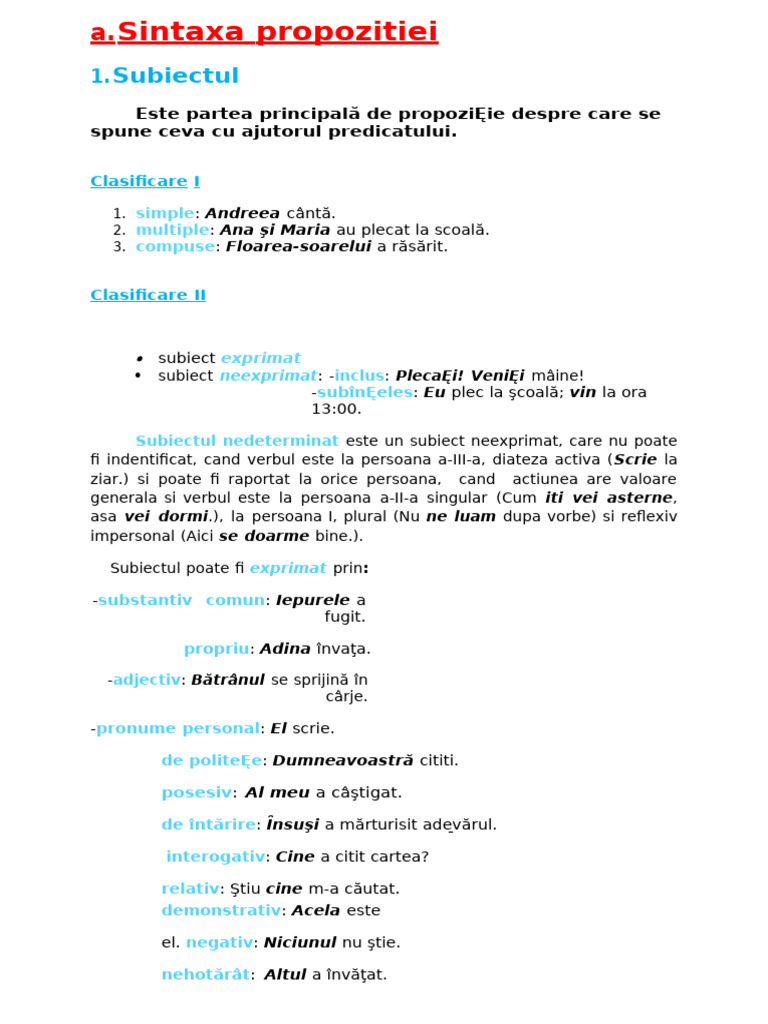 Sintaxa Propozitiei. SUBIECTUL | PDF