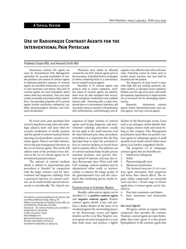 Use of Radiopaque Contrast Agents For The Interventional Pain Physician ...