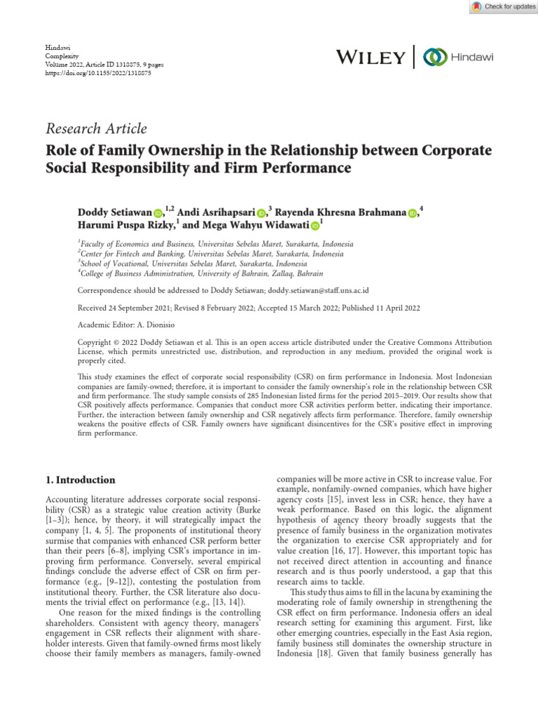 Complexity - 2022 - Setiawan - Role of Family Ownership in The Relationship Between Corporate ...