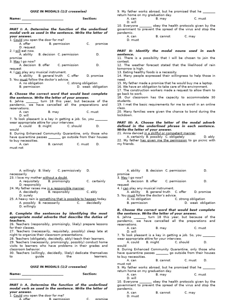 Quiz in Modals | PDF