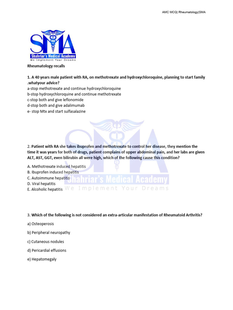 Rheumatology Recalls Questions | PDF