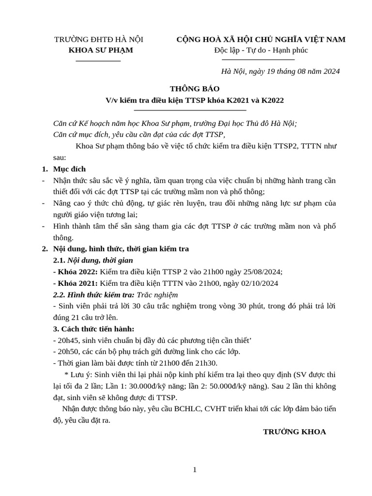 TB điều kiện TTSP | PDF