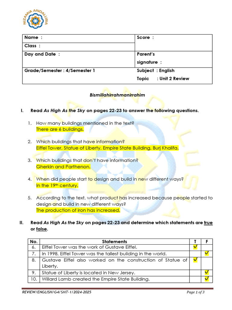 W12 - Unit 2 Review (Answer Key) | PDF