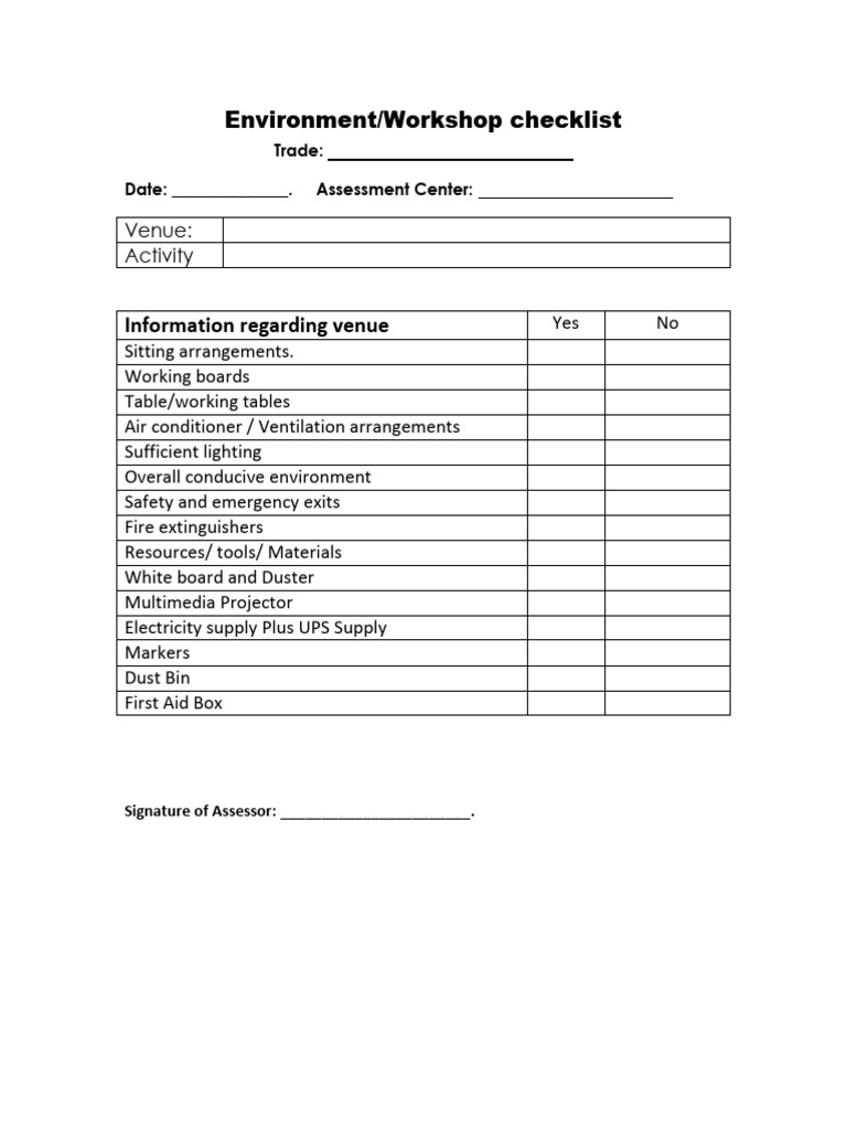 03 Environment Workshop Checklist For Conduct of Assessment | PDF