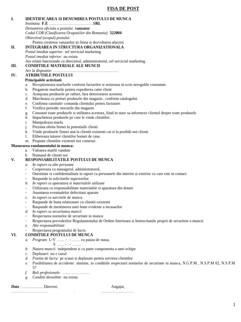Fisa Post Vanzator | PDF