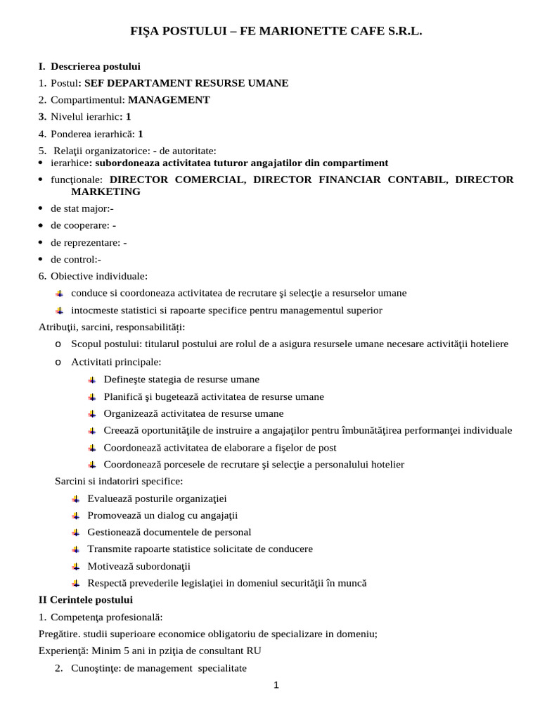 Fisa Postului Sef Resurse Umane | PDF