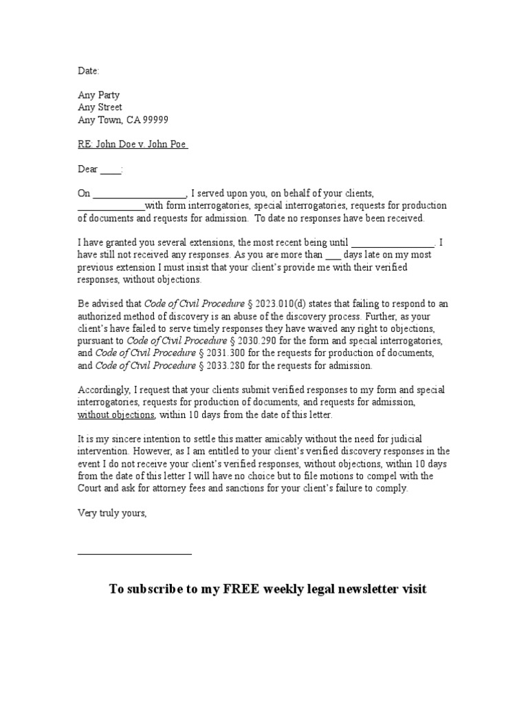 Sample Meet and Confer Letter For California | PDF | Interrogatories ...