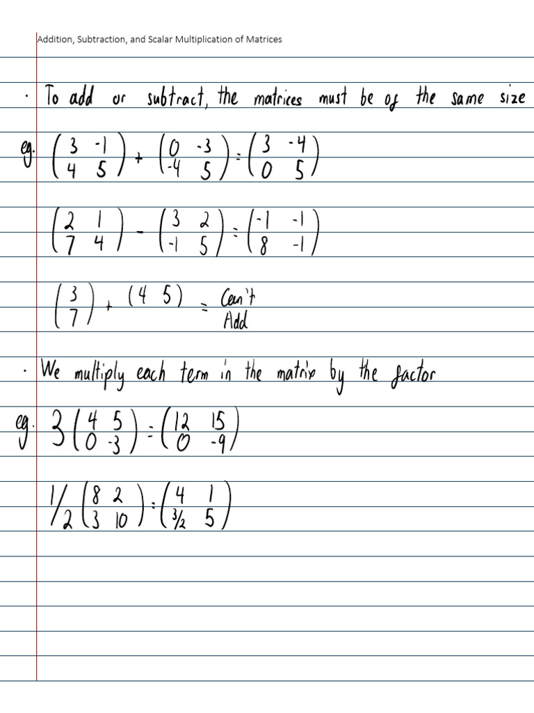 Addition, Subtraction and Scalar Multiplication of Matrices | PDF Addition, Subtraction and Scalar Multiplication of Matrices | PDF