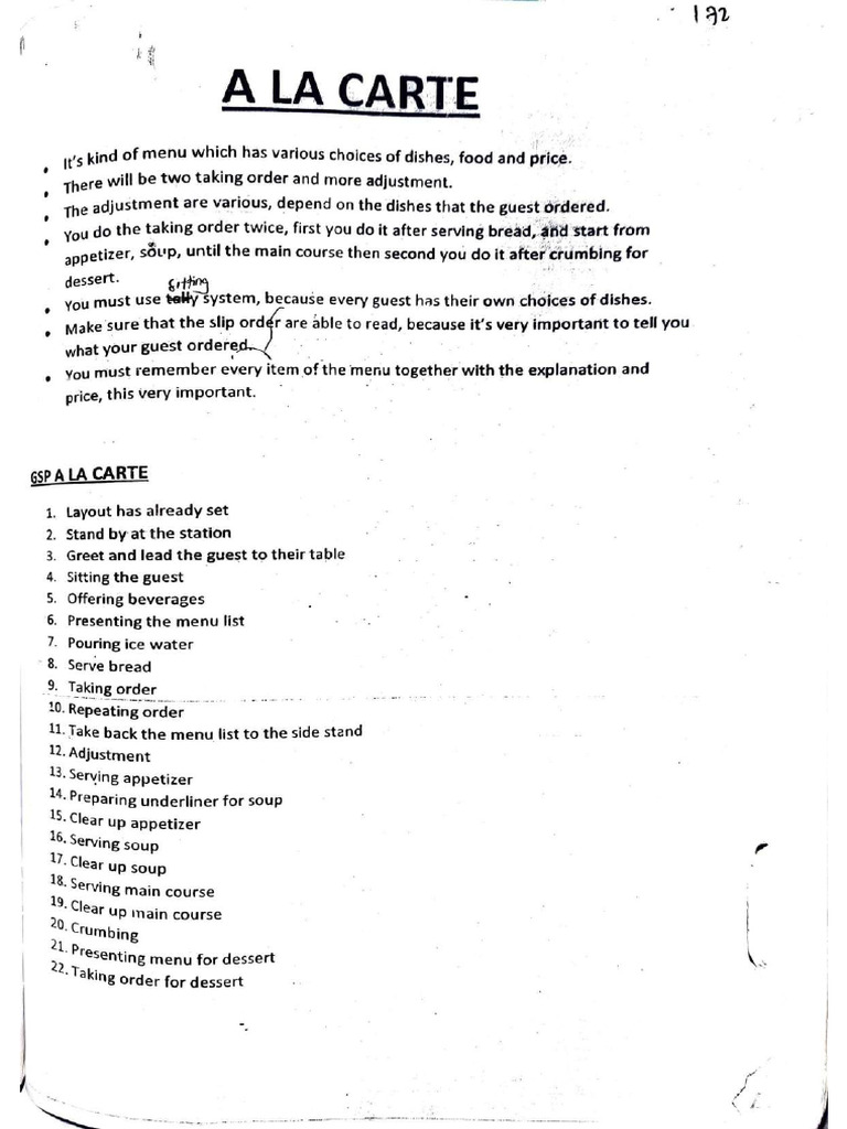 A La Carte Service | PDF