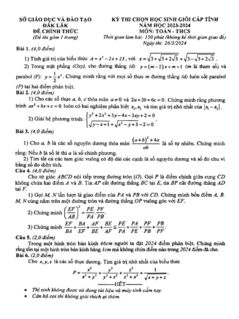 De Hoc Sinh Gioi Cap Tinh Toan Thcs Nam 2023 2024 So GDDT Dak Lak | PDF
