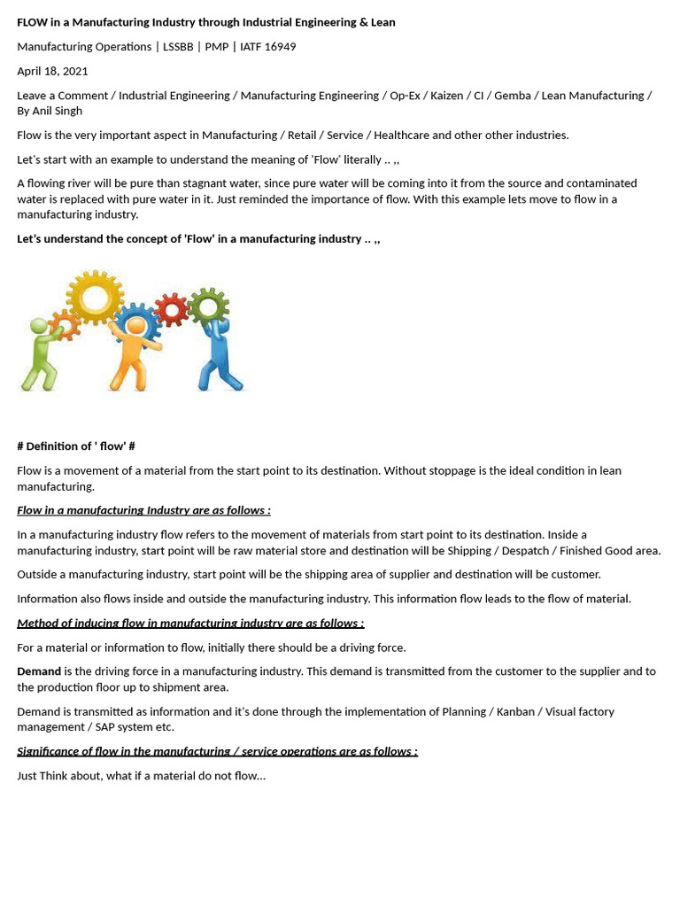 FLOW in A Manufacturing Industry Through Industrial Engineering | PDF