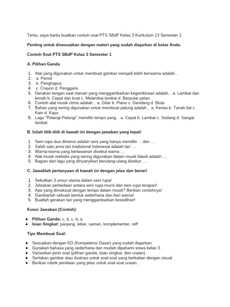 Soal Pts SBDP Kelas 3 Kurikulum 13 Semester 1 | PDF