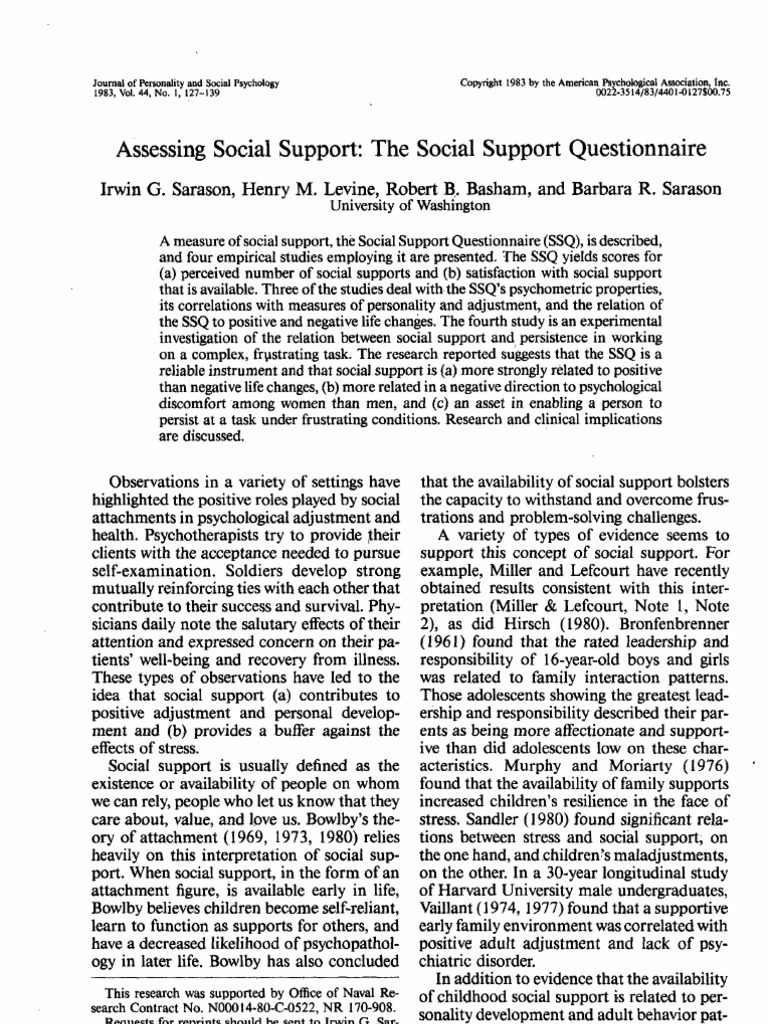 Sarason 83 SSQ1 | PDF | Social Support | Extraversion And Introversion