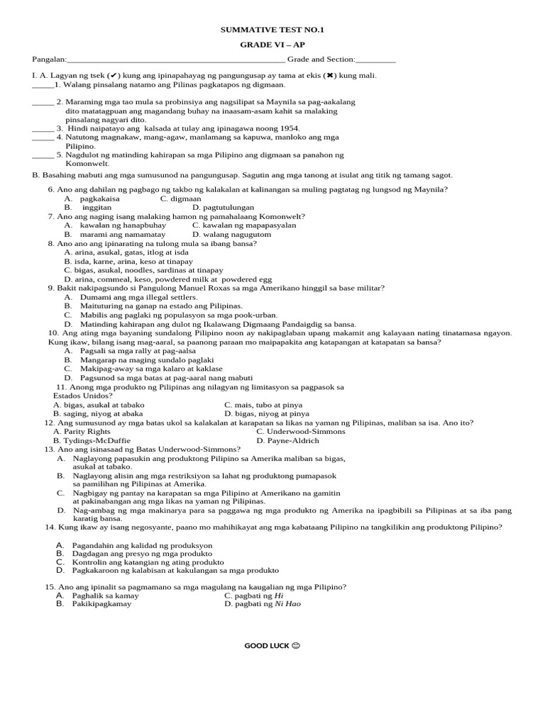Q3-Ap-Summative Test No.1 | PDF | Philippines