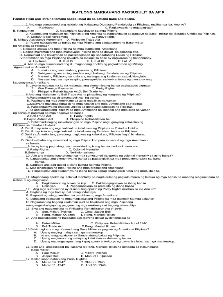 Q3-Ikatlong Markahang Pagsusulit Sa Ap 6 | PDF