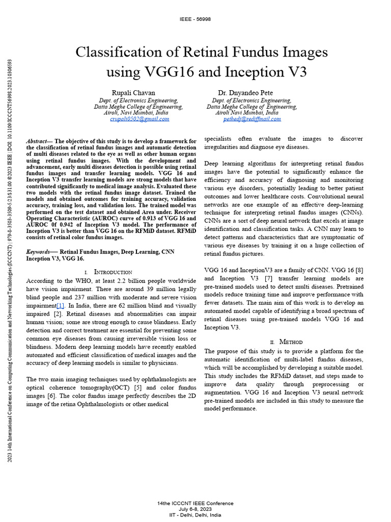 Classification of Retinal Fundus Images Using VGG16 and Inception V3 | PDF