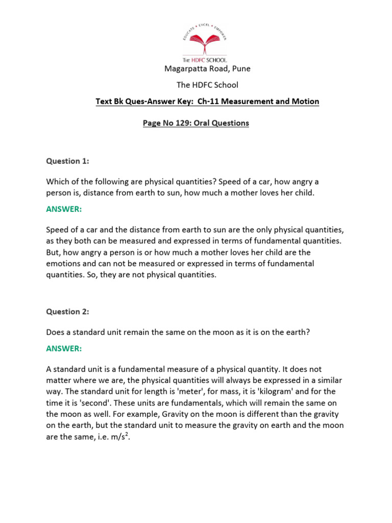 Ans Key Textbook Ques Ch.11 Measurement and Motion | PDF