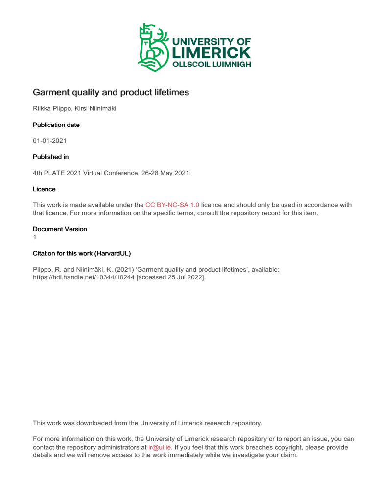 Piippo and Niinimaki 2021 Garment Quality and Product Lifetimes | PDF