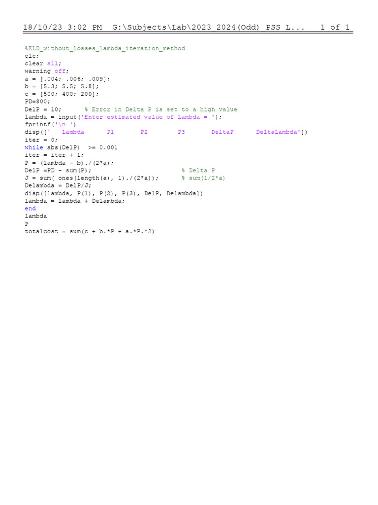 ELD Without Losses Lambda Iteration Method | PDF