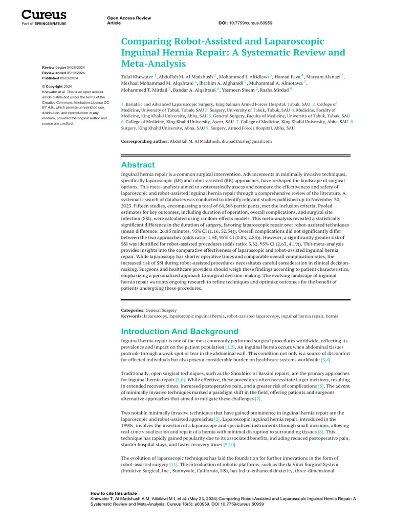 Lap Vs Robotic Inguinal Hernia Snalysis | PDF