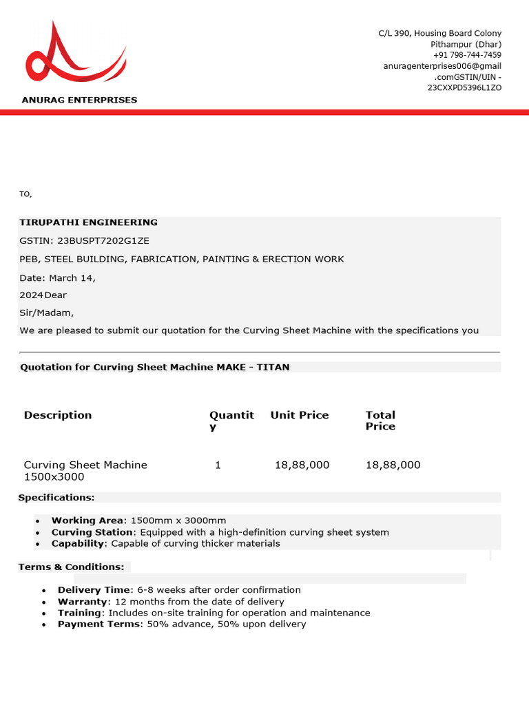 Tirupati Engineering Quotation | PDF