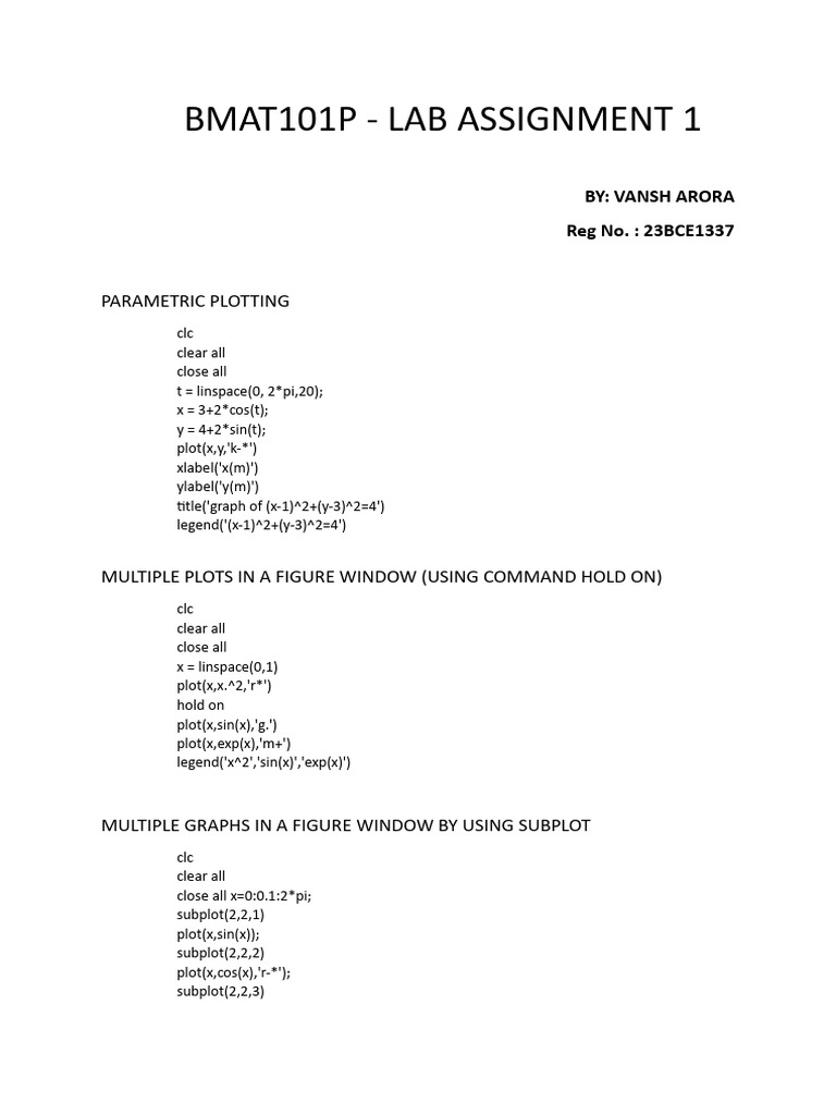 23bce1337 Matlab Assignment 1 | PDF