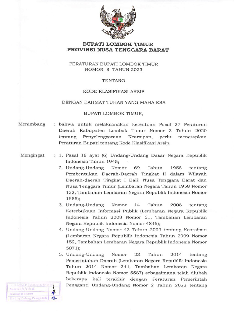 Perbup 8 Tahun 2023 TTG Kode Klasifikasi Arsip | PDF | Griya & Taman | Komputer