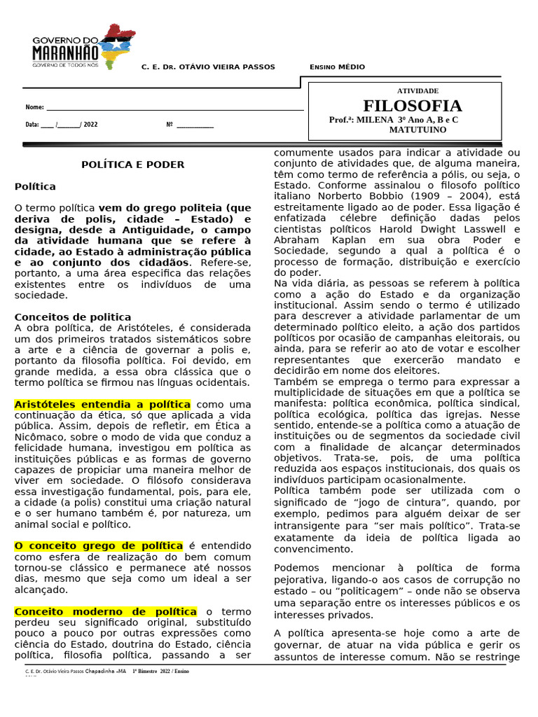 AULA DE FILOSOFIA (POLÍTICA, PODER, ESTADO e REGIMES POLÍTICOS) | PDF