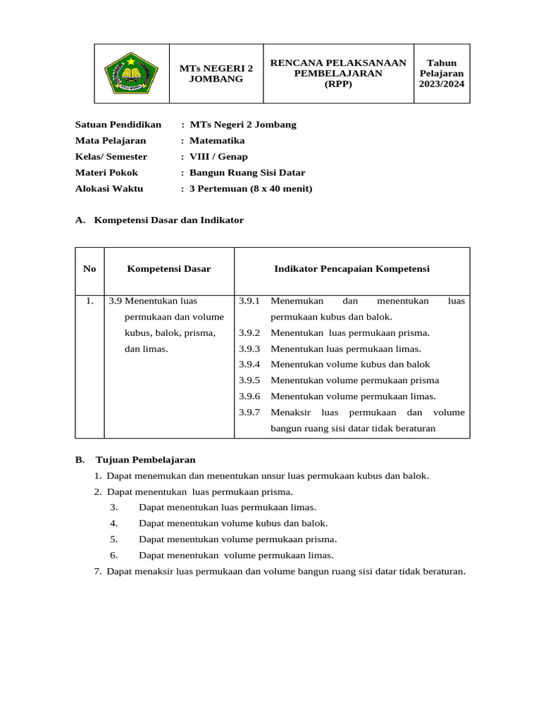 RPP Bangun Ruang Sisi Datar | PDF
