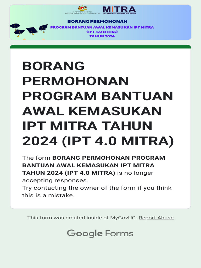 Borang Permohonan Program Bantuan Awal Kemasukan Ipt Mitra Tahun 2024 (Ipt 4.0 Mitra) 2 | PDF