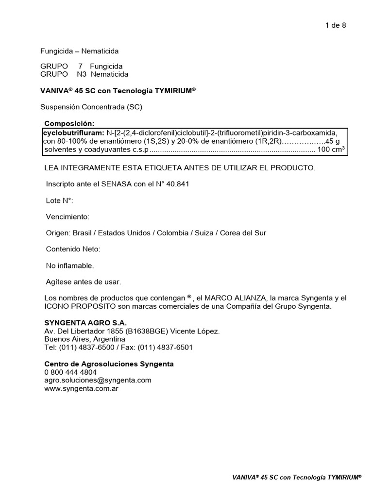 Vaniva 45 SC Con Tecnologia Tymirium | PDF