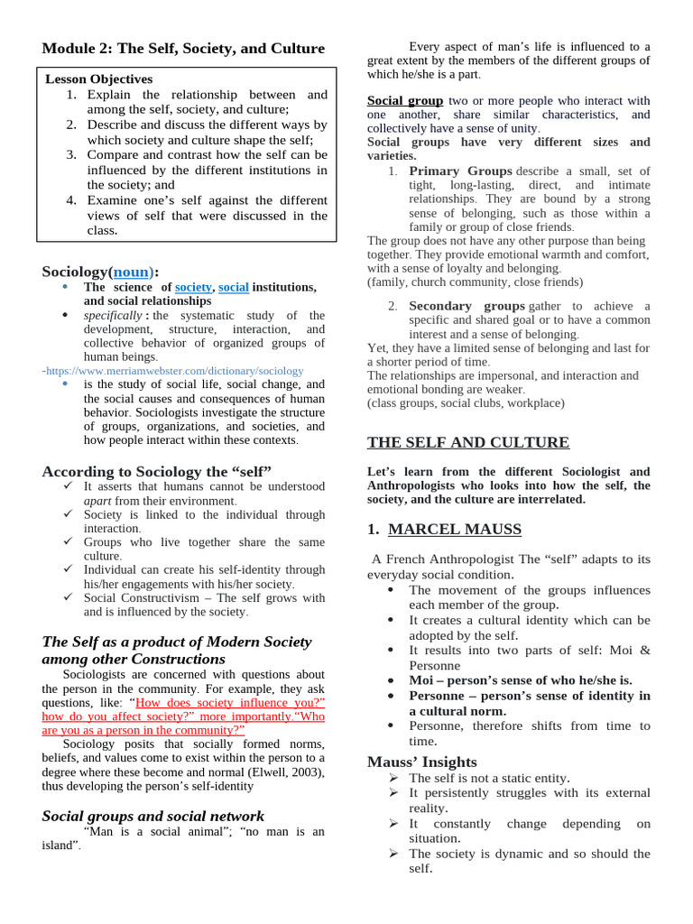 Module 2 Social Perspective | PDF | Self Concept | Sociology