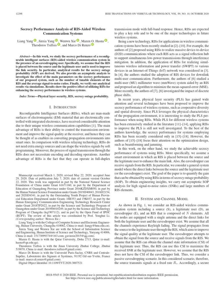 Secrecy Performance Analysis of RIS-Aided Wireless Communication ... Secrecy Performance Analysis of RIS-Aided Wireless Communication ...