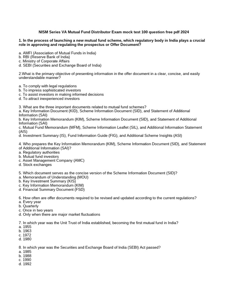 NISM Series VA MFD Exam Mock Test 100 Question | PDF