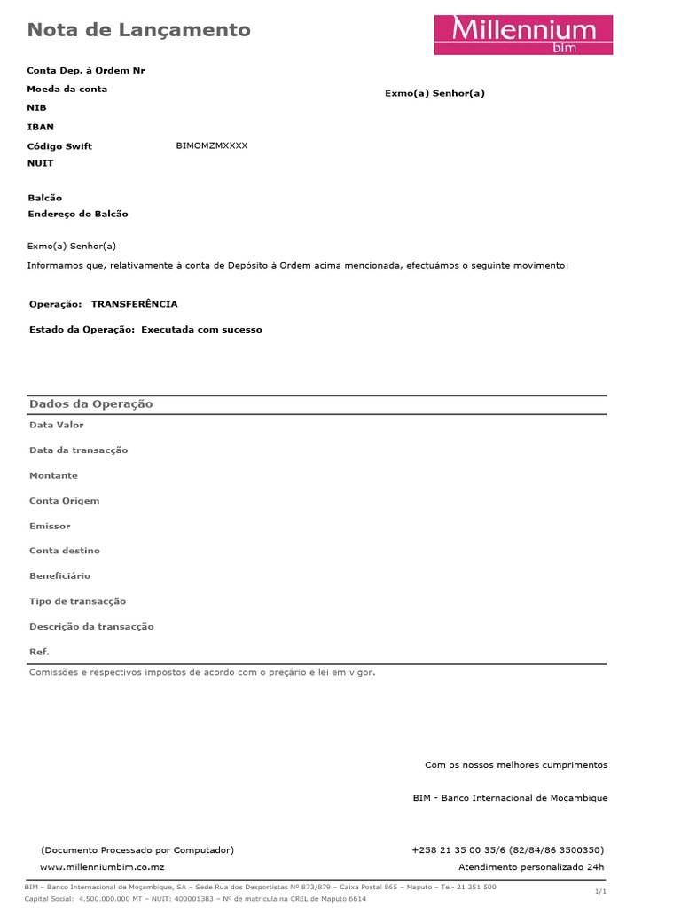 Nota de Lançamento: Conta Dep. À Ordem NR Moeda Da Conta NIB Iban ...