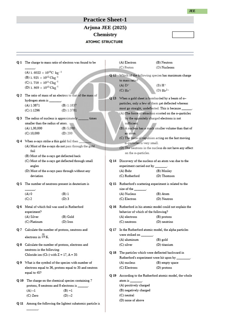 PW Practice Sheet | PDF | Atoms | Teaching Methods & Materials
