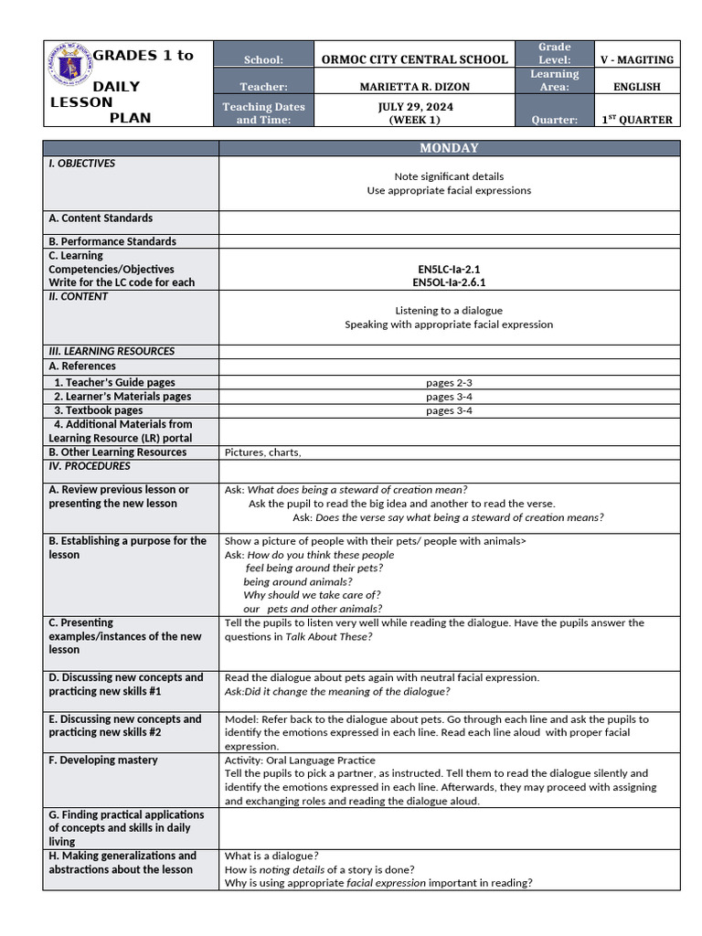 DLL - English 5 - Q1 - W1-D1 | PDF