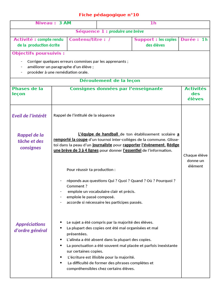 Compte Rendu de La Production Écrite Les Copies Des Élèves 1 H | PDF