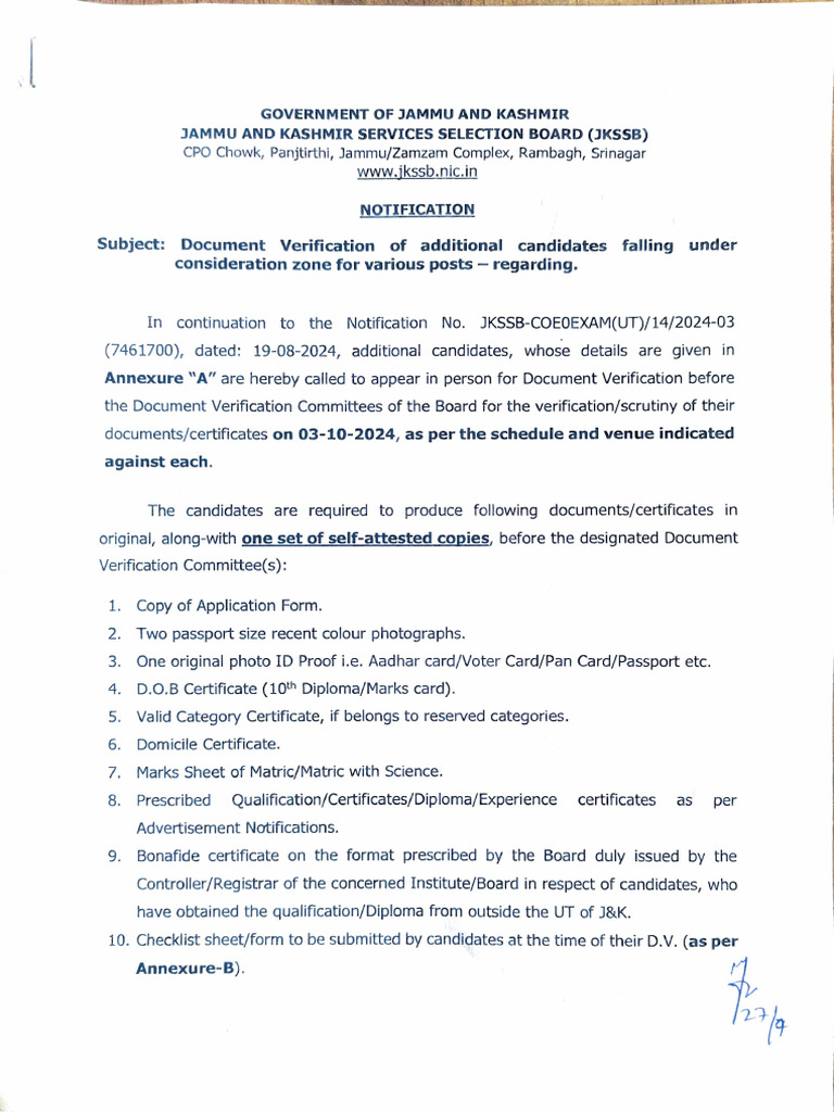 DV Notification Additional Candidates 27092024 | PDF