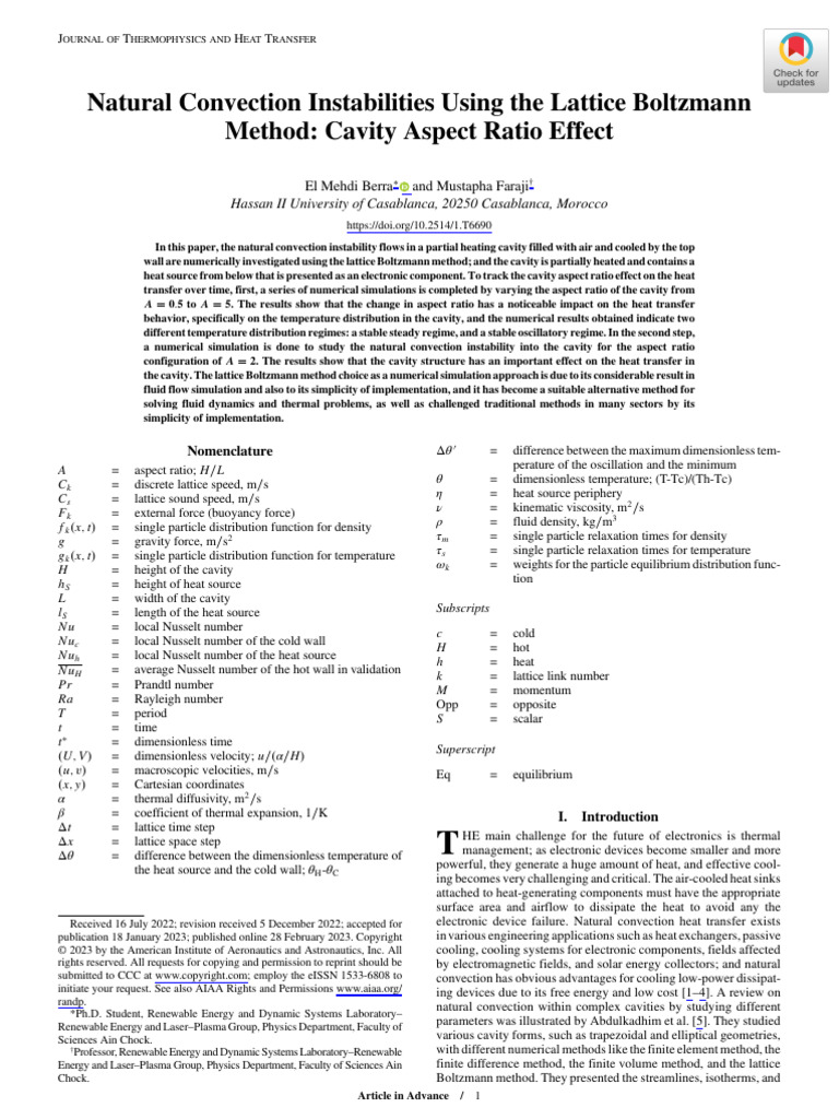 Natural Convection Instabilities Using The Lattice Boltzmann Method: Cavity Aspect Ratio Effect ...