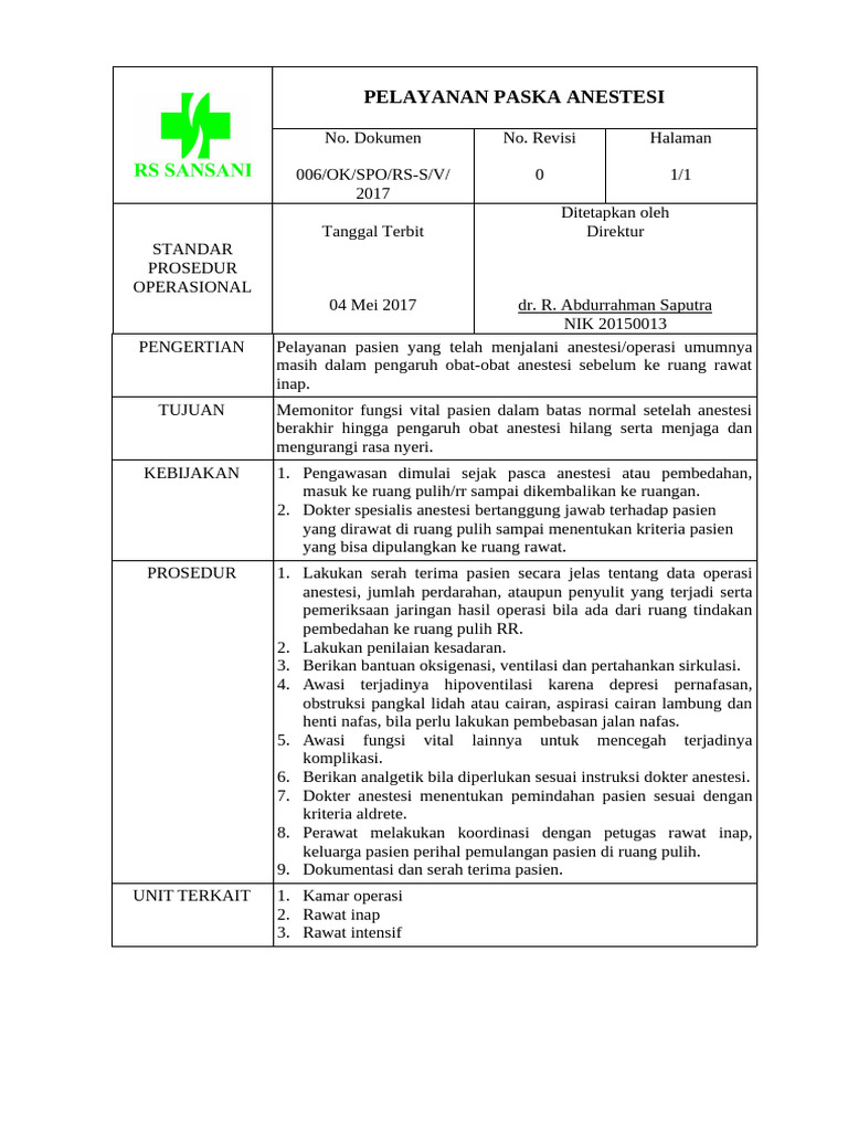 Spo Prosedur Pelayanan Pasca Anestesi | PDF
