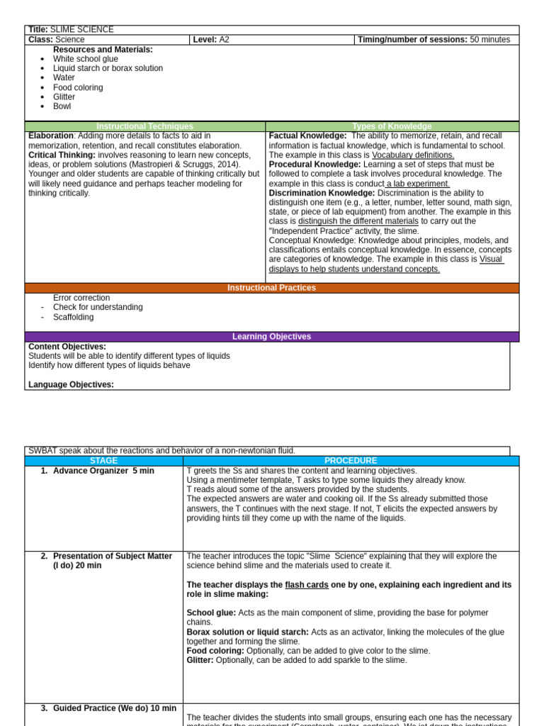 Lesson Plan For A "Slime" Science Class | PDF | Knowledge | Procedural ...