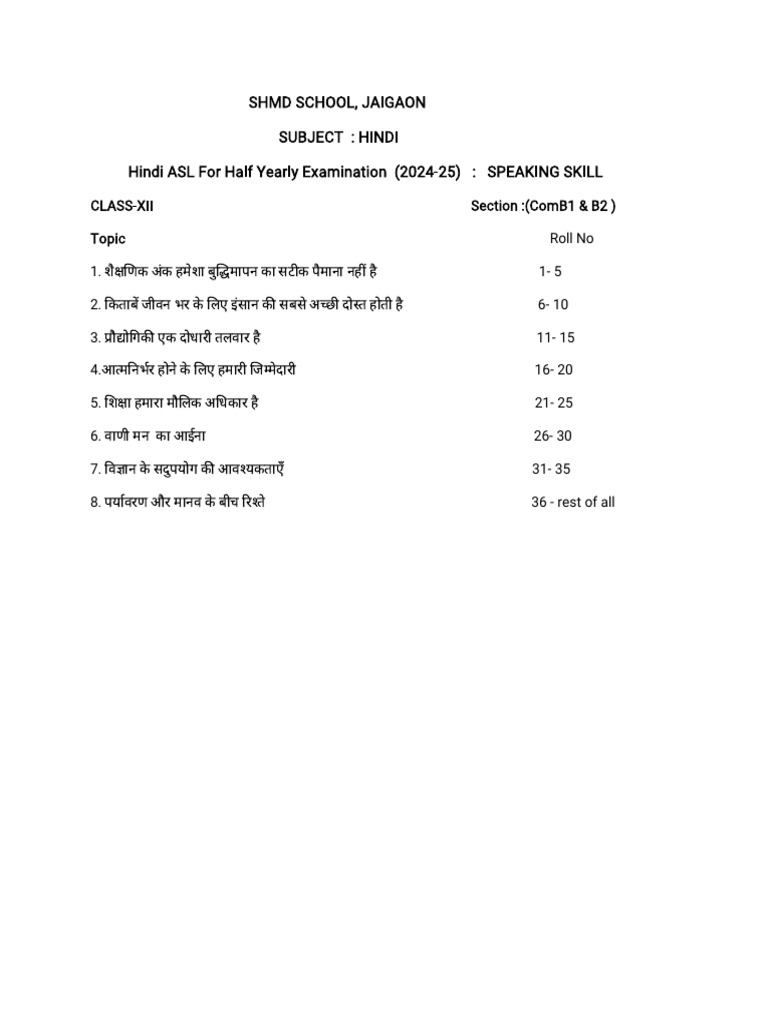 Hindi ASL XII Com B1 & B2 (Speaking Skill) Topics | PDF