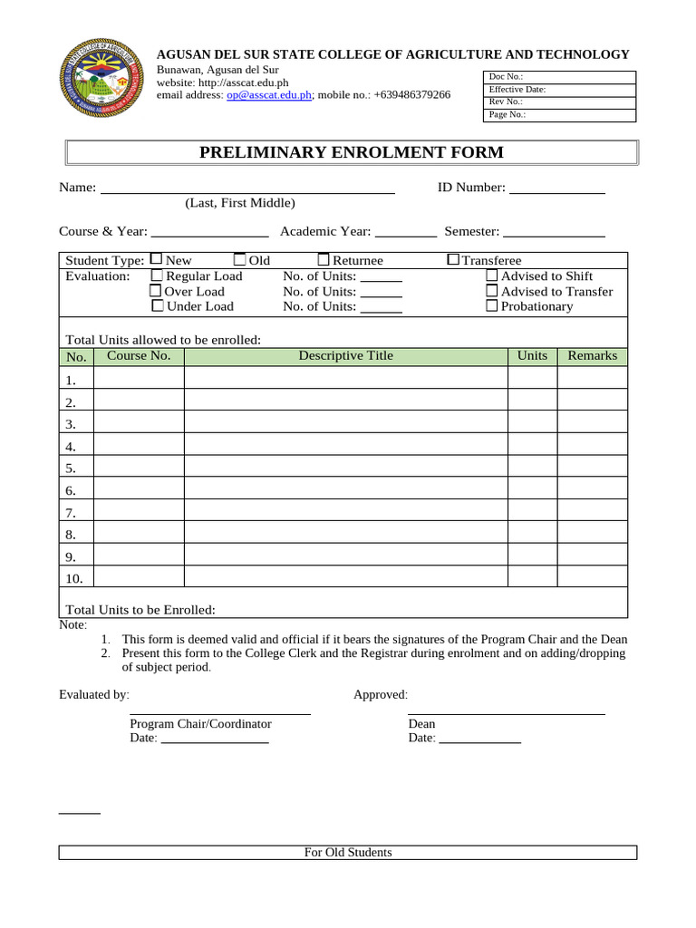 Preliminary Enrolment Form: Agusan Del Sur State College of Agriculture ...