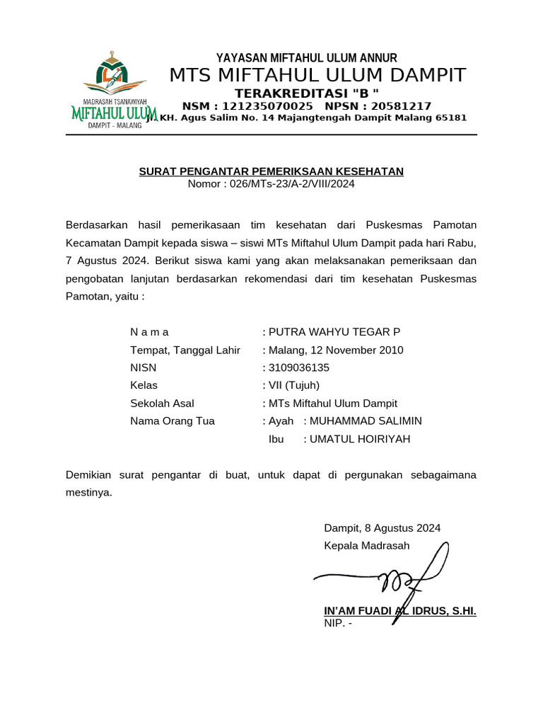 Surat Pengantar Pemeriksaan | PDF